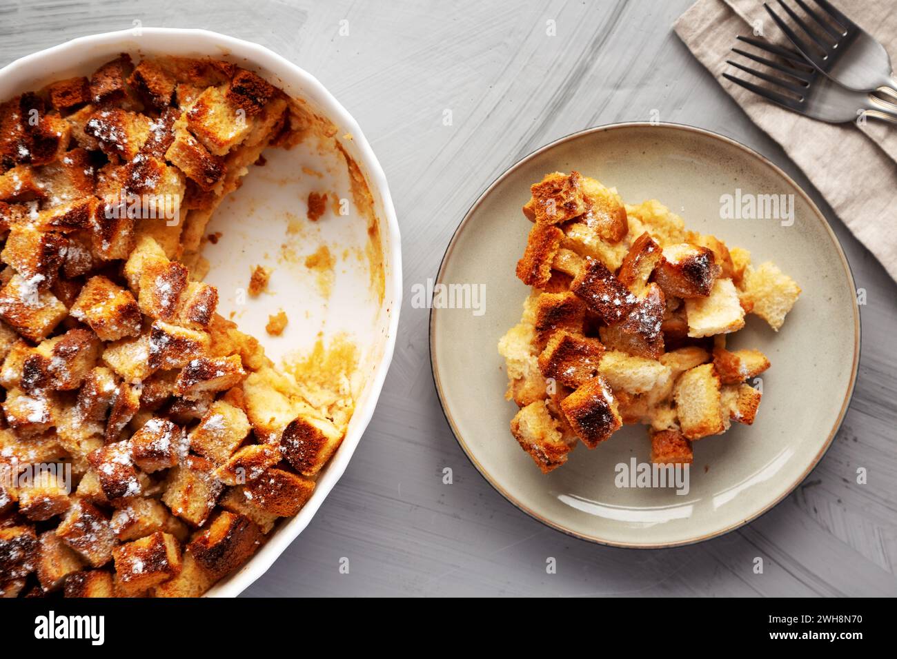 Homemade Bread Pudding on a Plate, top view. Flat lay, overhead, from ...