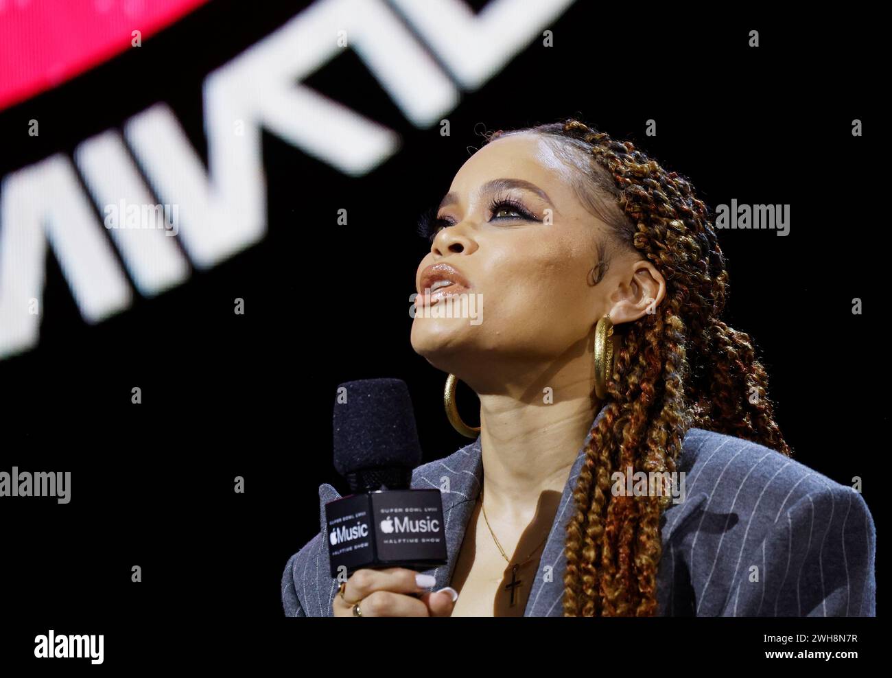 Las Vegas, United States. 08th Feb, 2024. Performer Andra Day speaks at ...