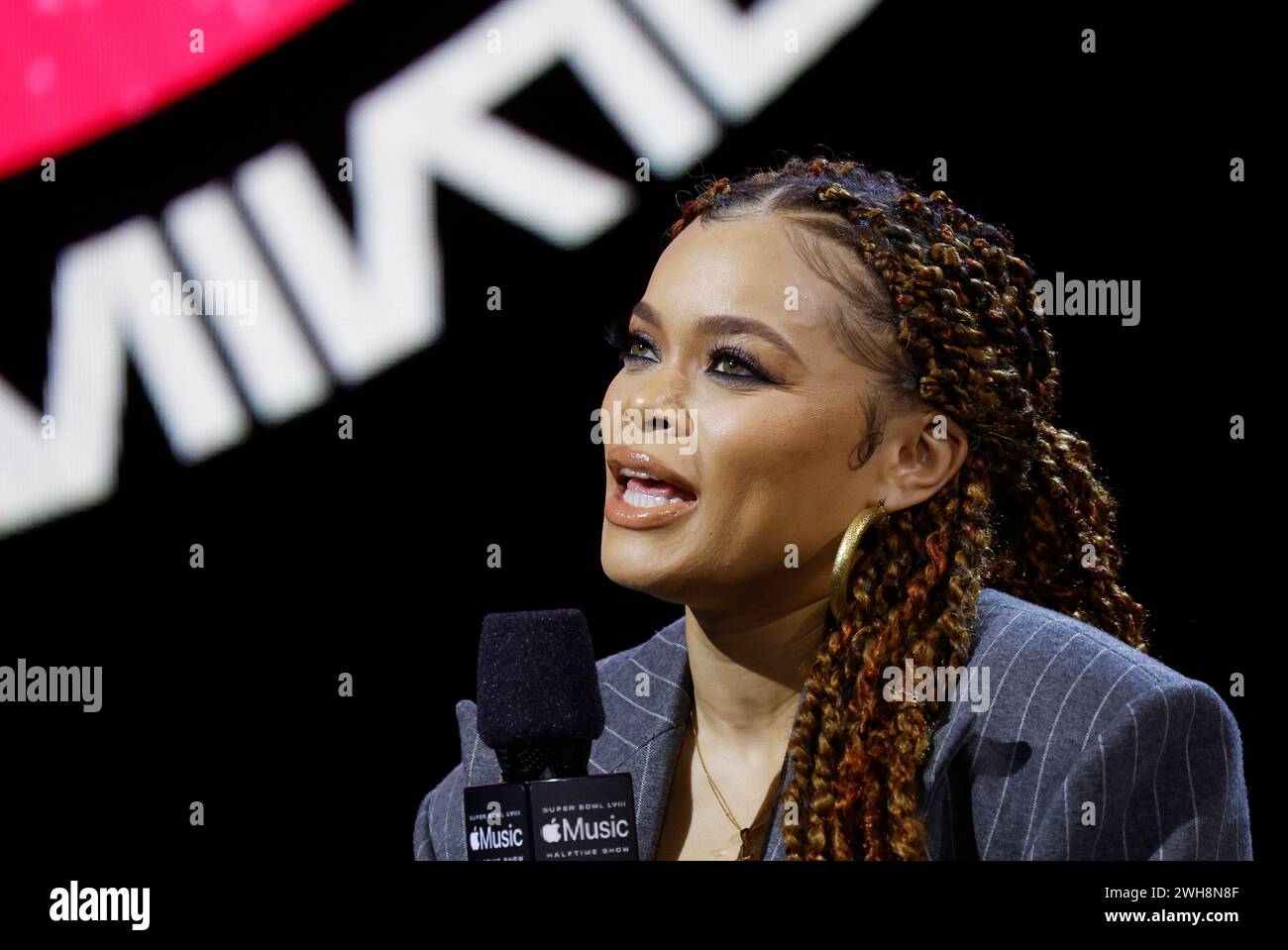 Las Vegas, United States. 08th Feb, 2024. Performer Andra Day speaks at ...