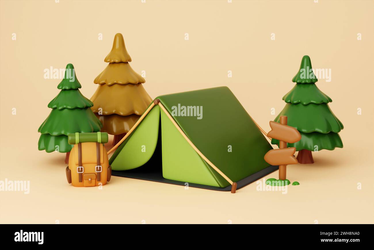 3d Campsite with traveling backpack in nature and elements for camping ...