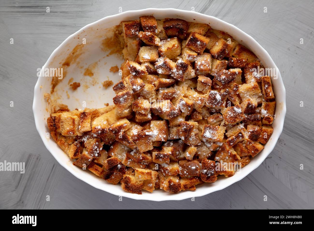 Homemade Bread Pudding in a Dish, top view. Flat lay, overhead, from ...