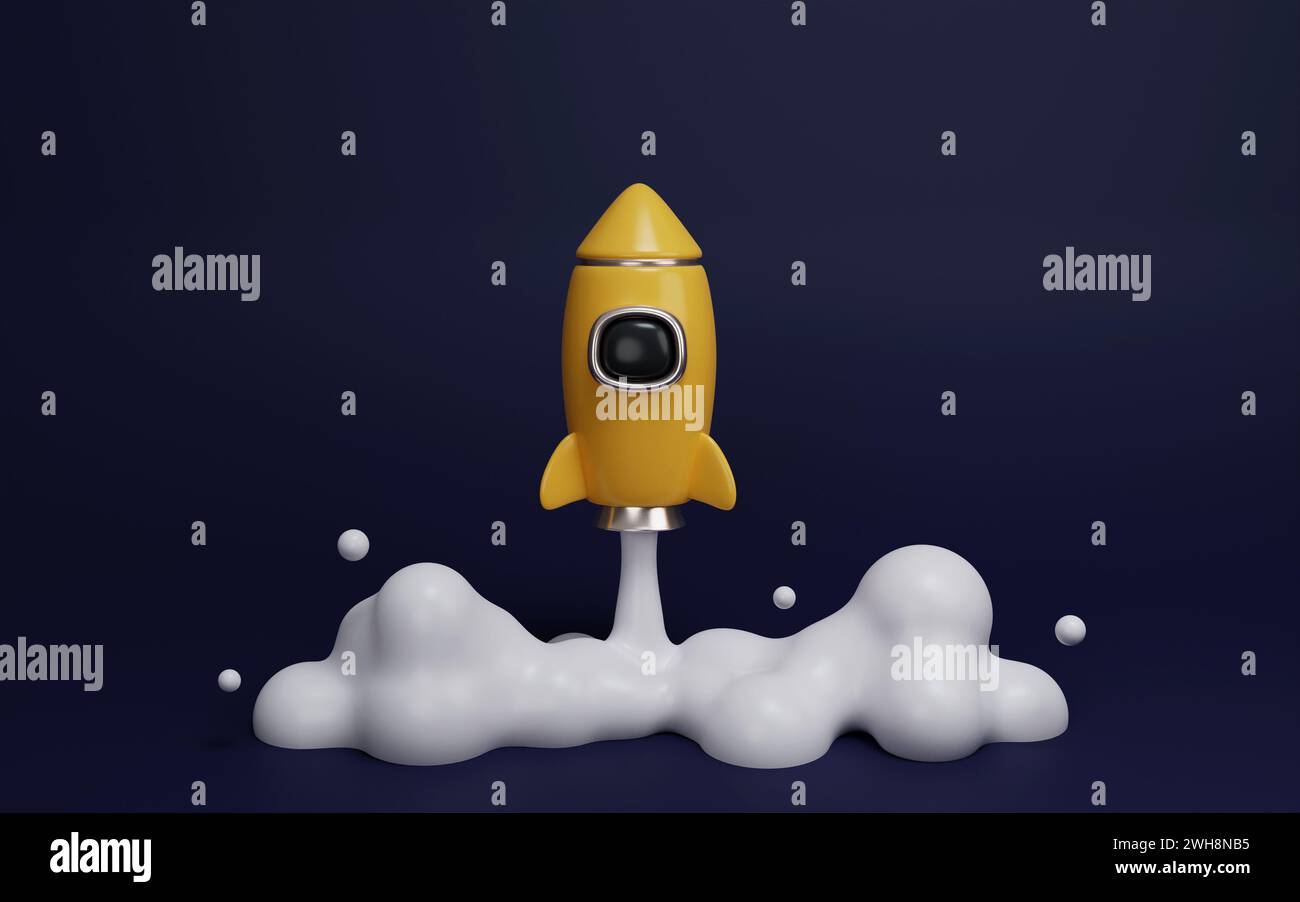 3d rocket flying in space. Spaceship rocket lunch on dark background ...