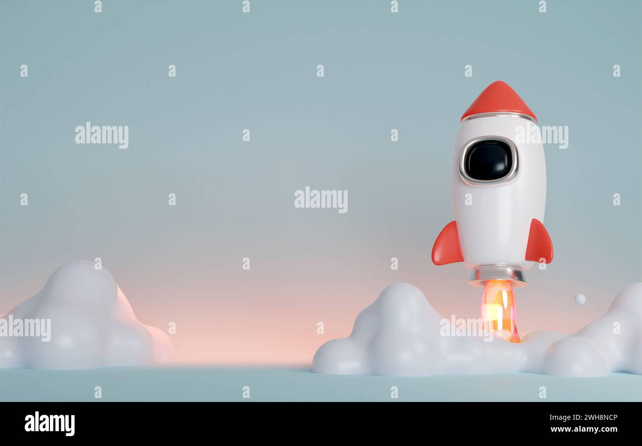 3d rocket flying in space. Spaceship rocket lunch on gray background ...