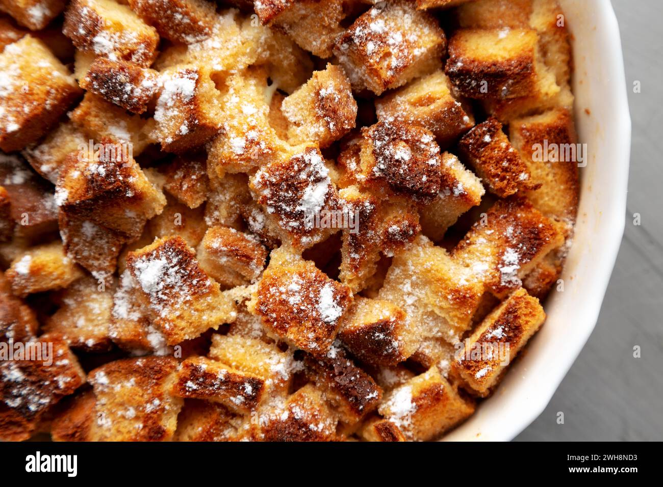 Homemade Bread Pudding in a Dish, top view. Flat lay, overhead, from ...