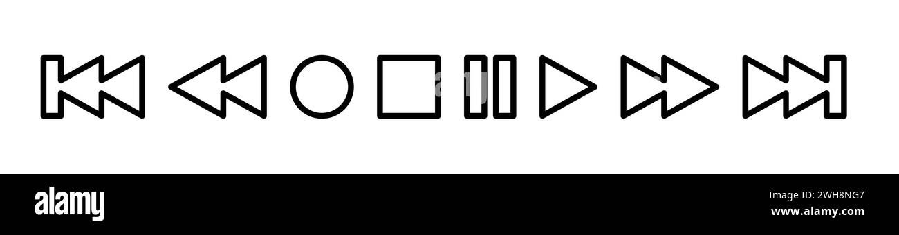Set of playback icons. Simple flat black outline vector symbols in black - play, pause, stop ...