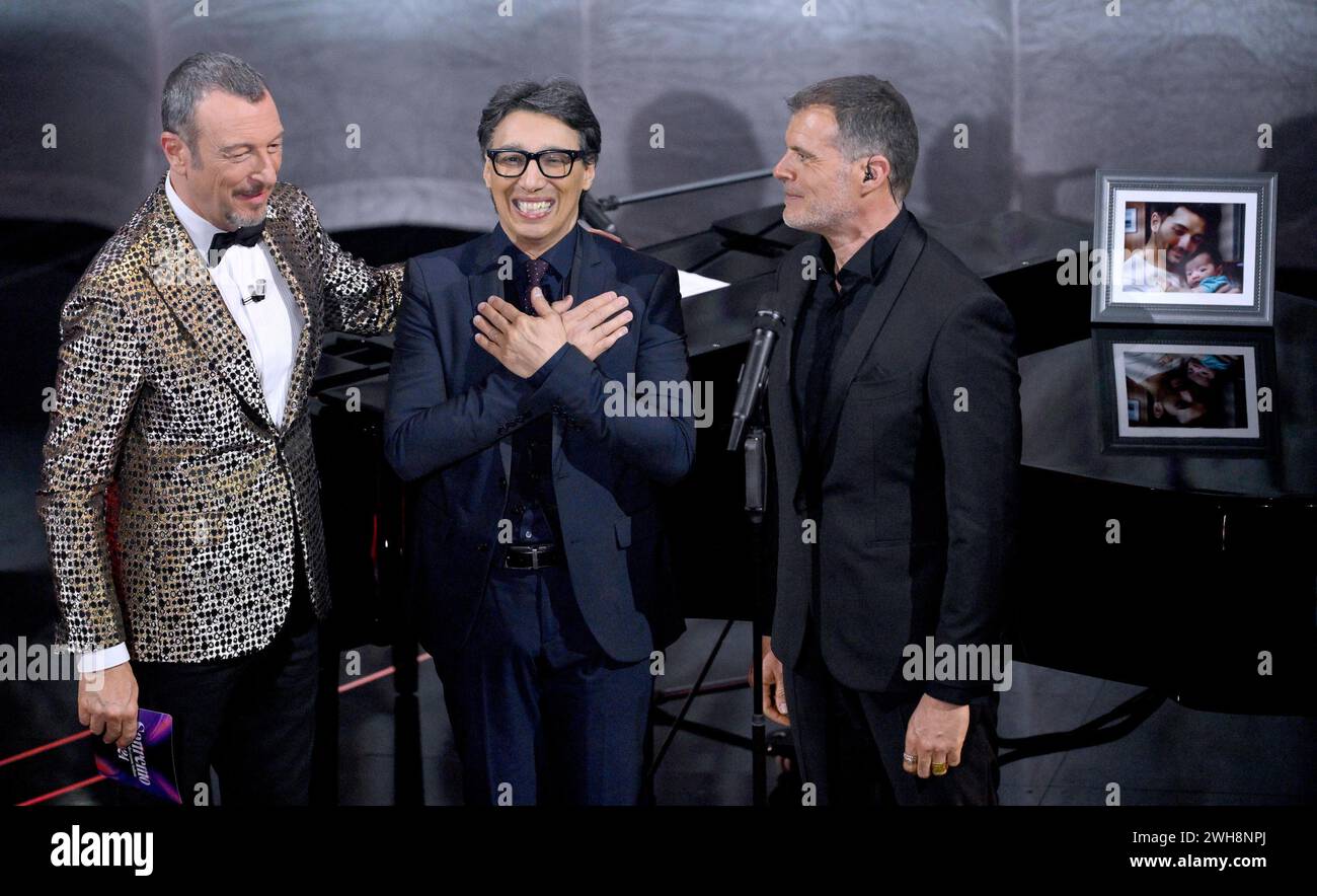 February 8, 2024, Sanremo, ITALY: (L-R) Sanremo Festival host and ...