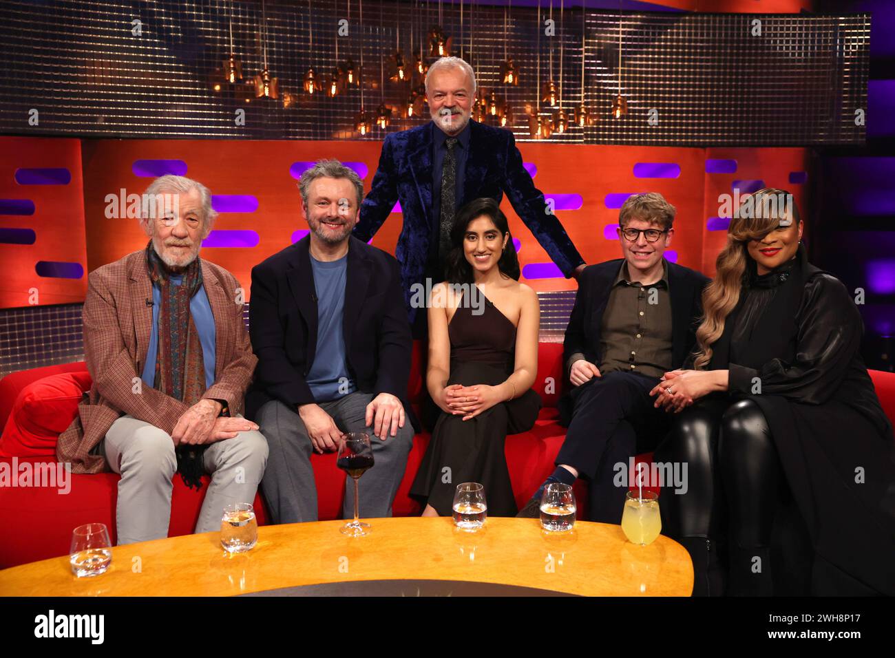 EDITORIAL USE ONLY. Host Graham Norton with (front row left to right) Sir Ian McKellen, Michael ...