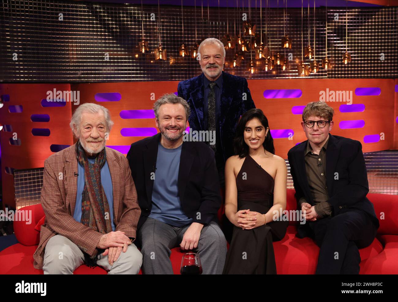 EDITORIAL USE ONLY Host Graham Norton with (front row left to left) Sir Ian McKellen, Michael ...