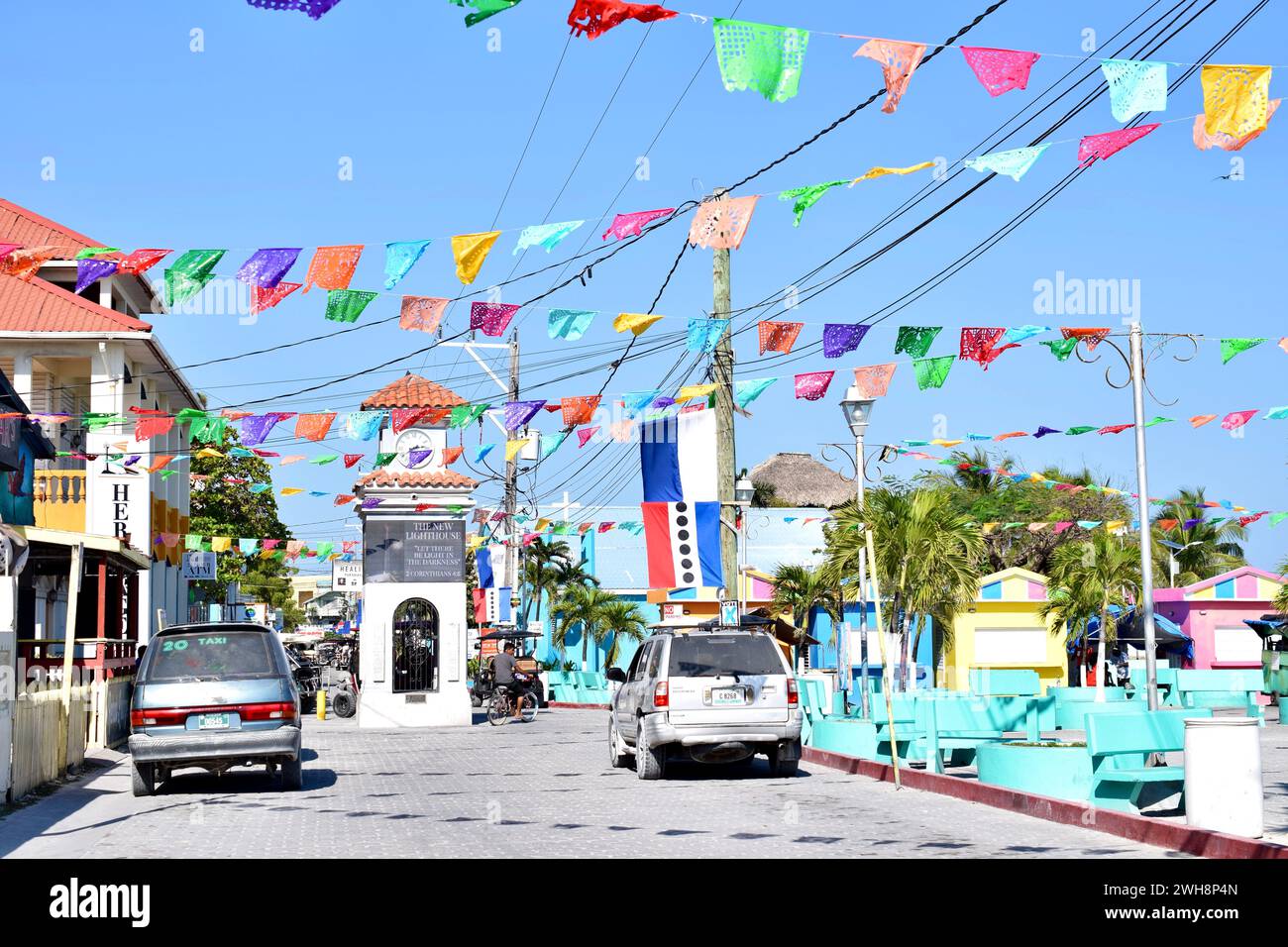 Central park and the clock tower on Barrier Reef Drive in San Pedro ...