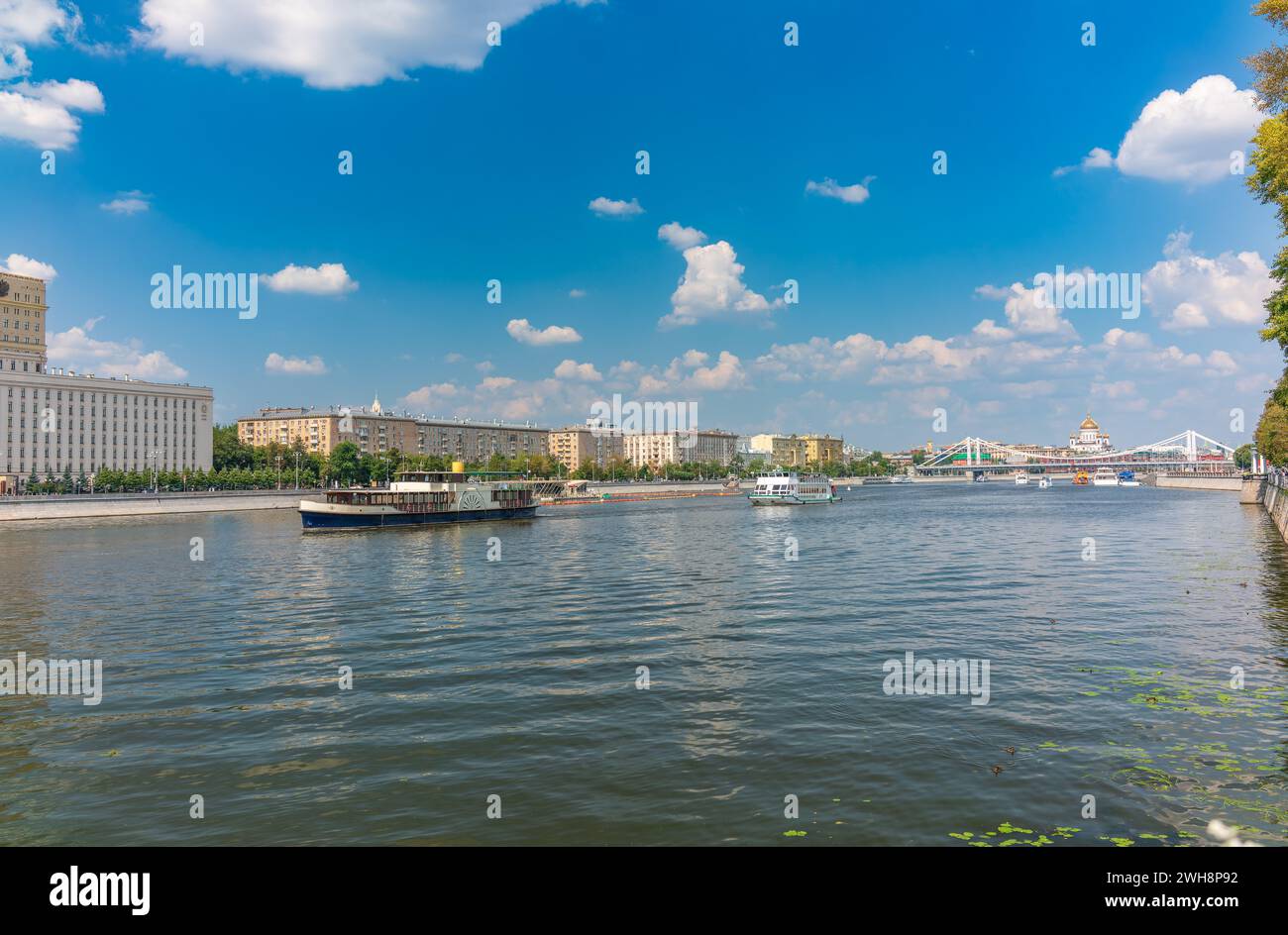 Cruise ship sails on the Moscow river in Moscow city center, popular ...