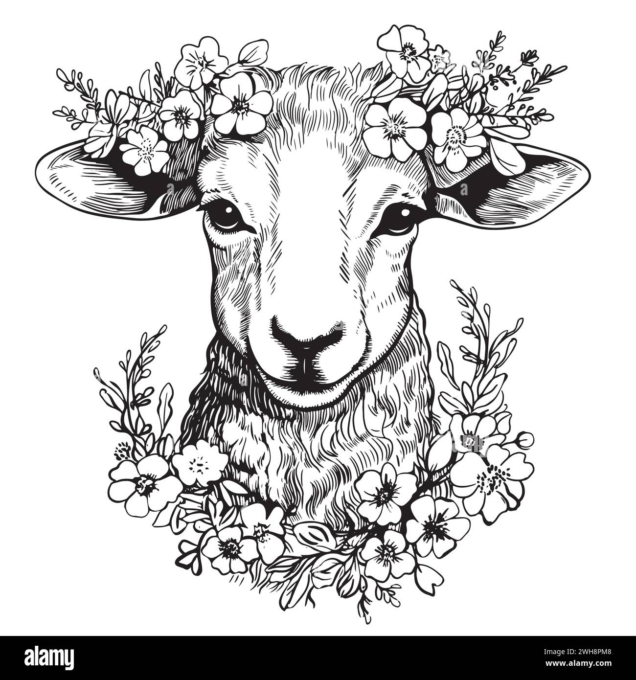 Vector sheep with flowers. Hand drawn illustration of dressed sheep Stock Vector Image & Art - Alamy