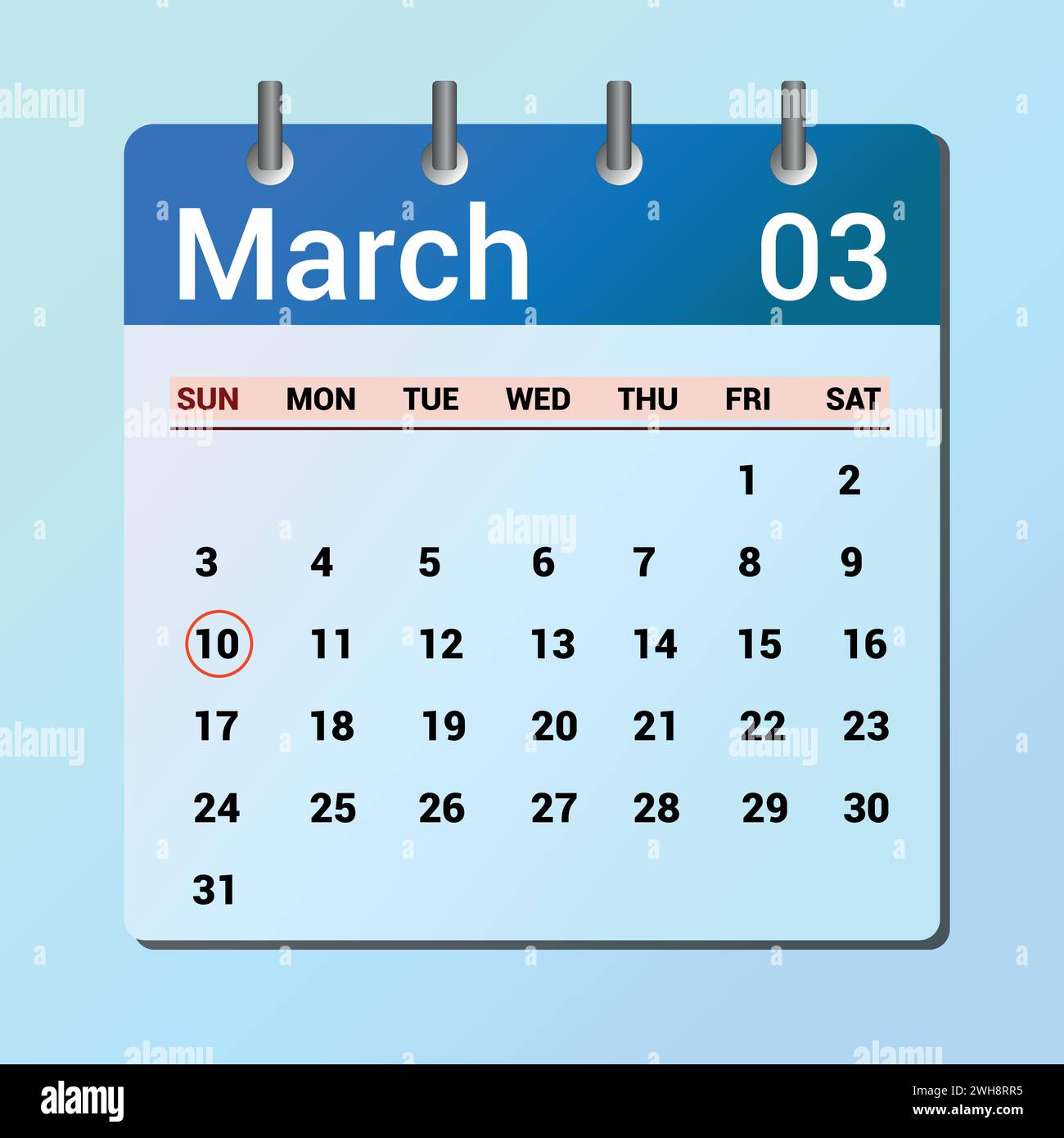 March 10. Flat icon calendar isolated on blue background. Date and month vector illustration ...