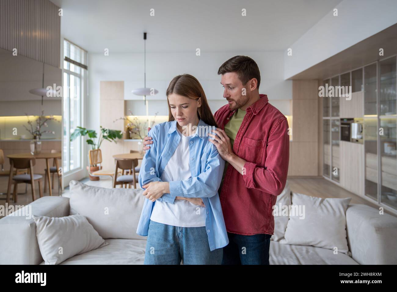 Unhappy wife feeling stress, depression, grief, being consoled by ...