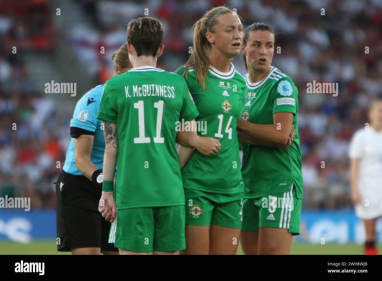 Kirsty McGuinness, Lauren Wade and Demi Vance form wall England v ...