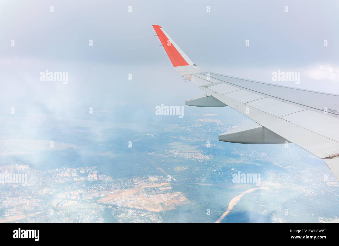 View from the airplane window during takeoff at Koltsovo airport on a ...