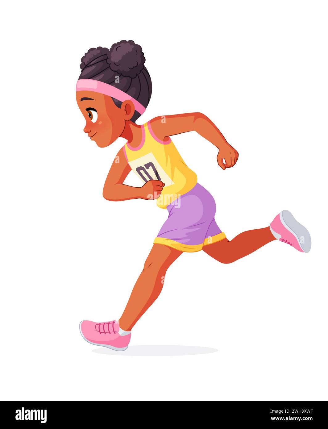 Cute little African American girl running track and field. Isolated ...