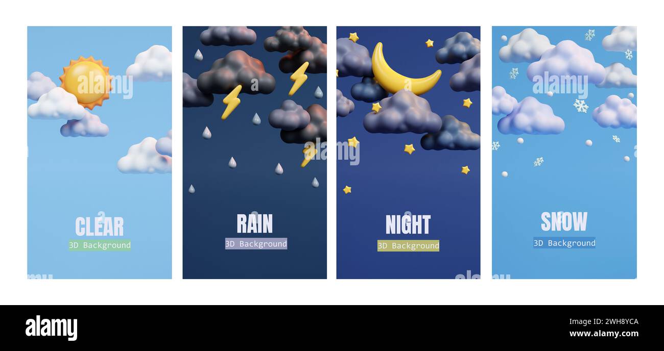 3d set with fluffy clouds. Weather forecast app widgets. Thunderstorm ...