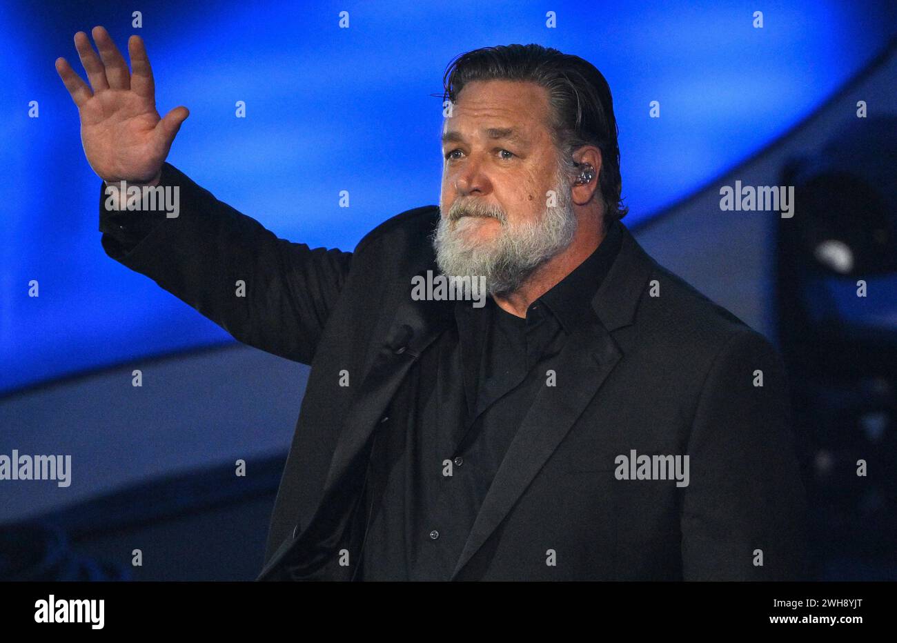 February 9, 2024, Sanremo: Australian actor. Russell Crowe on stage at ...