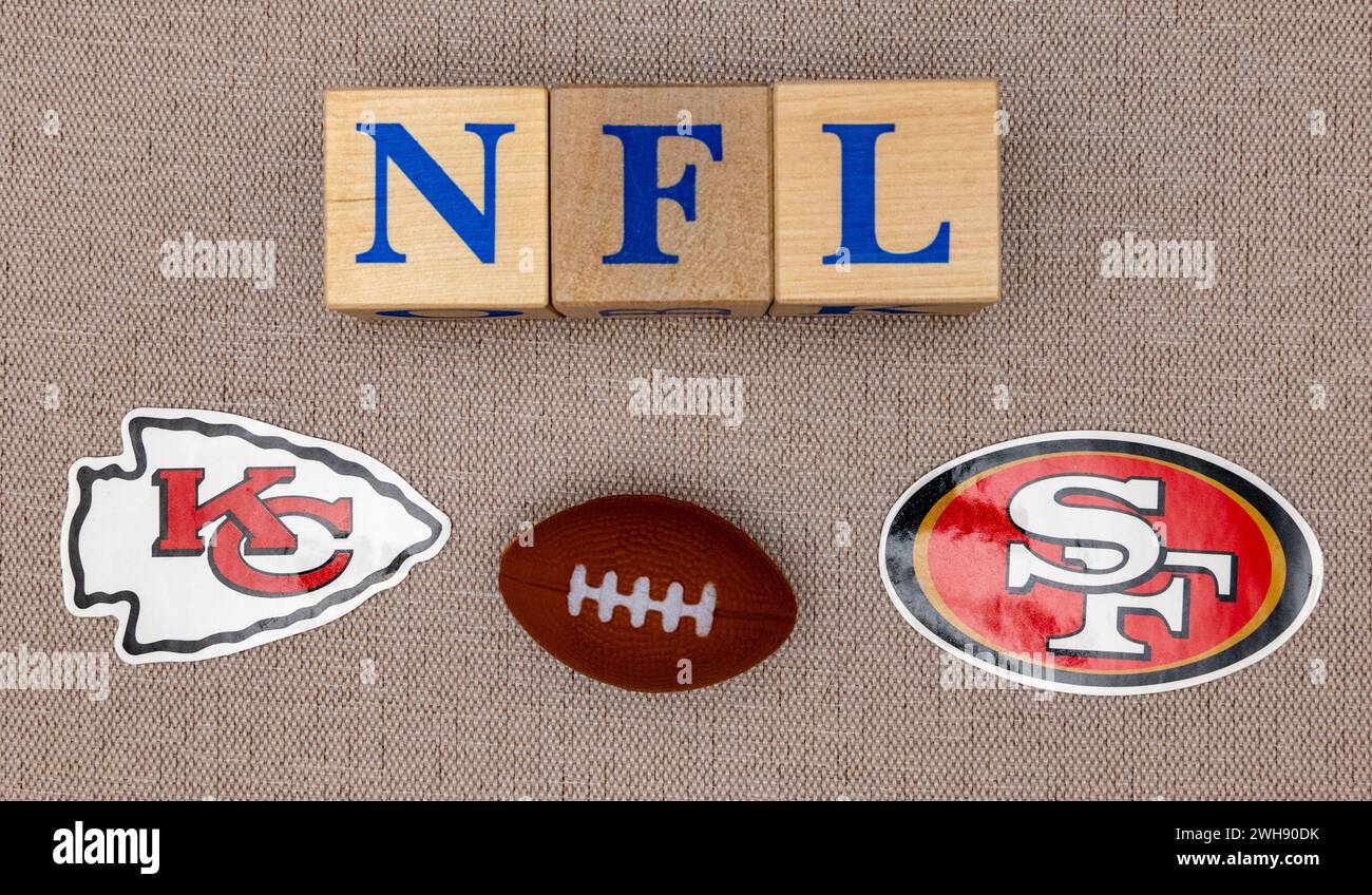 February 7, 2024, Las Vegas, USA. The emblems of football clubs San ...