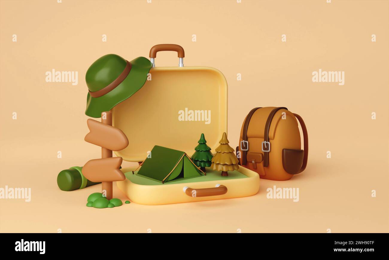 3d Campsite in nature and elements for camping, summer camp, traveling ...