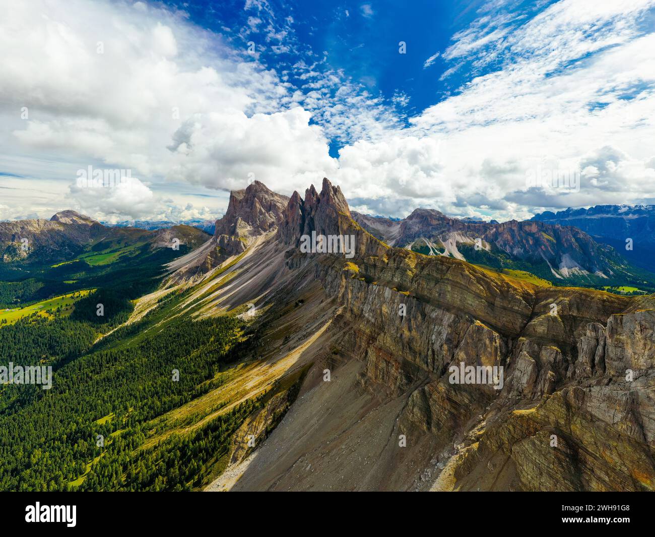 High Seceda mountains and green valley in good sunny day Stock Photo ...