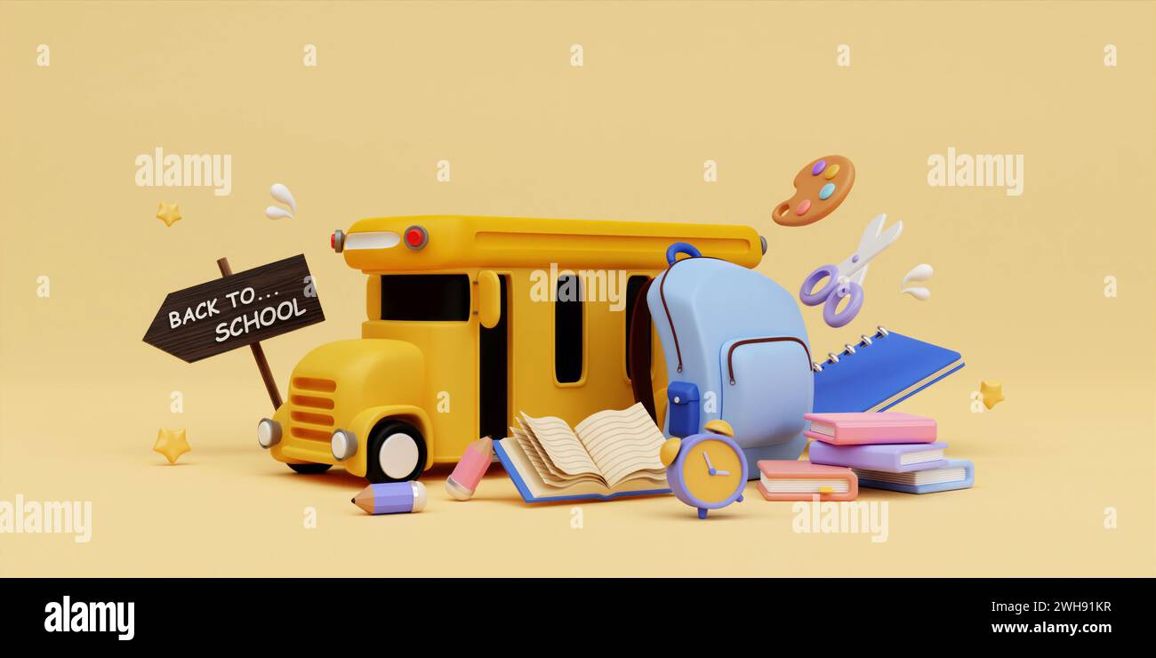 3d School bus with school accessories on yellow background. back to ...