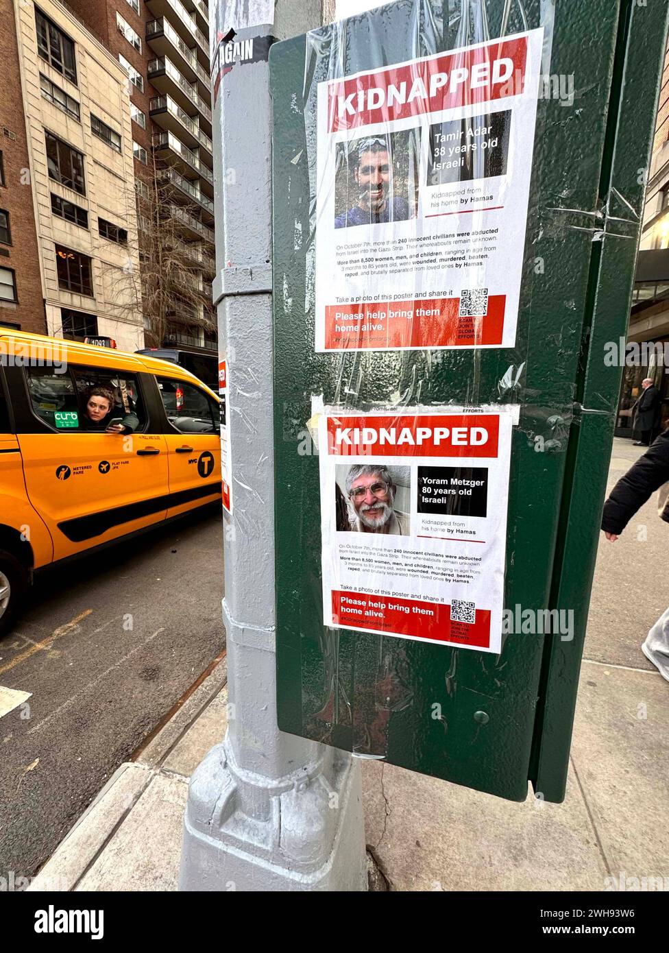 New York, New York, USA. 8th Feb, 2024. A view of the hostage posters ...