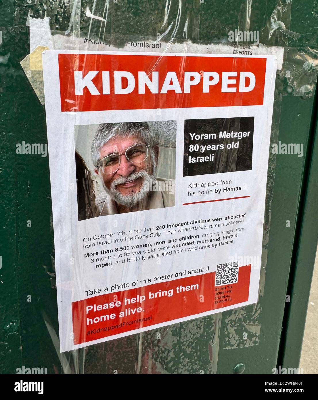 New York, New York, USA. 8th Feb, 2024. A view of a hostage poster ...