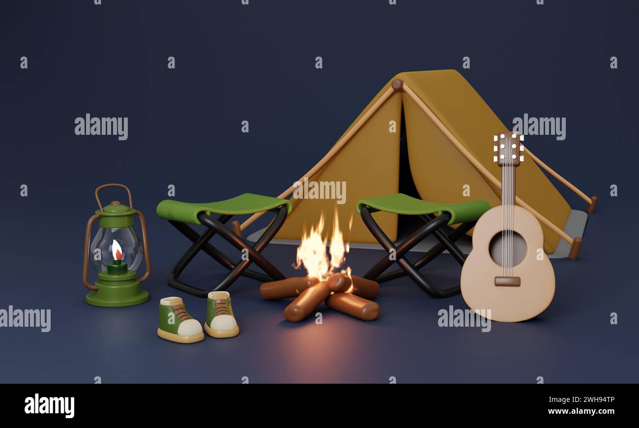 3d Night and dark Campsite in nature and elements for camping,camp fire ...