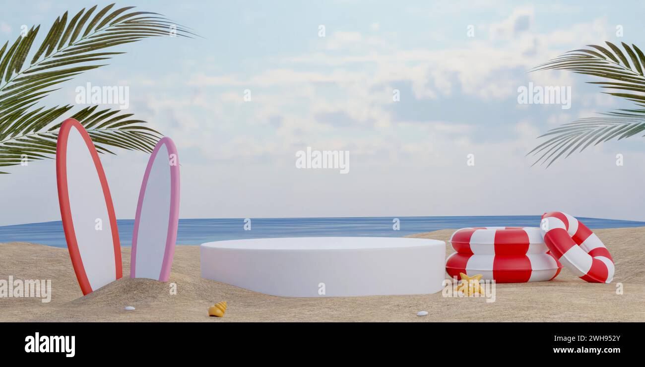cylinder stage podium empty with summer beach background and surfboard ...