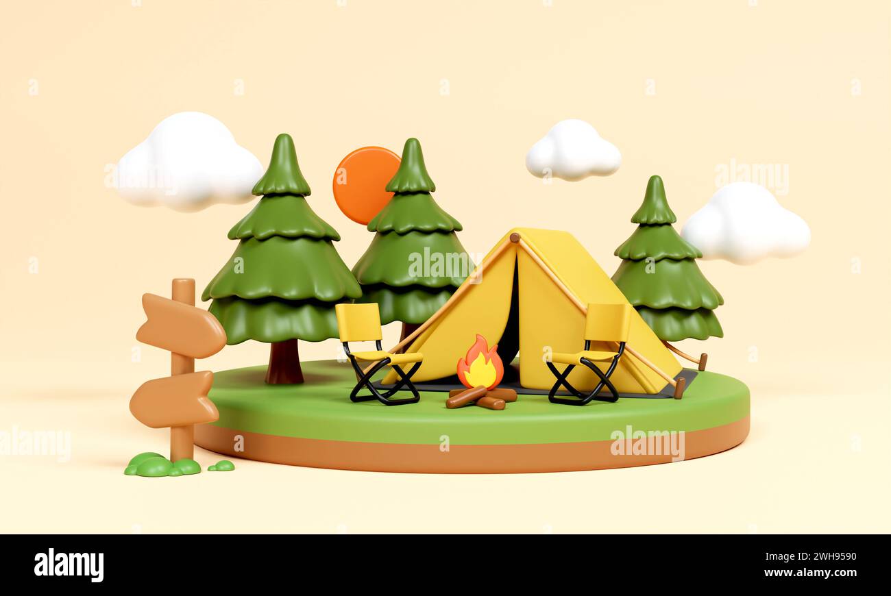 3d Campsite in nature and elements for camping, summer camp, traveling ...