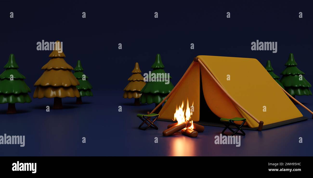 3d Night Campsite in nature and elements for camping, summer camp, camp ...