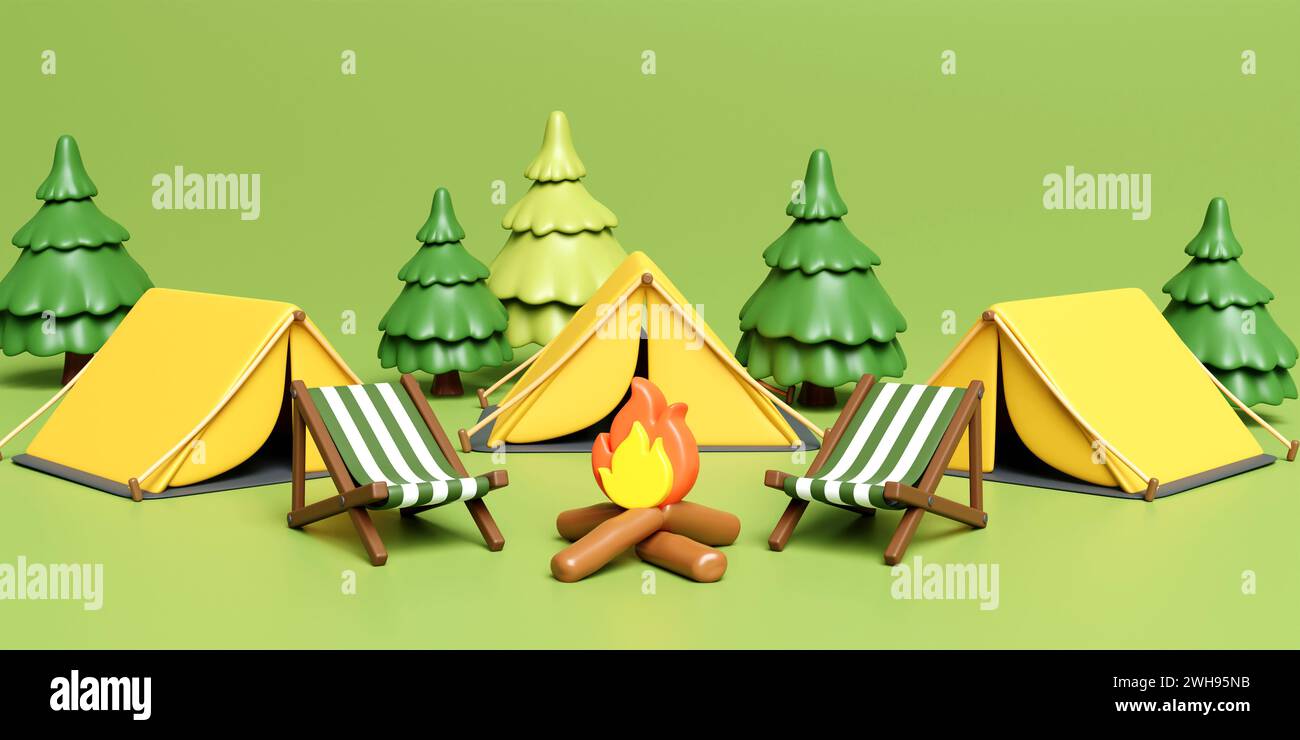 3d Campsite in nature and elements for camping, summer camp, camp fire ...