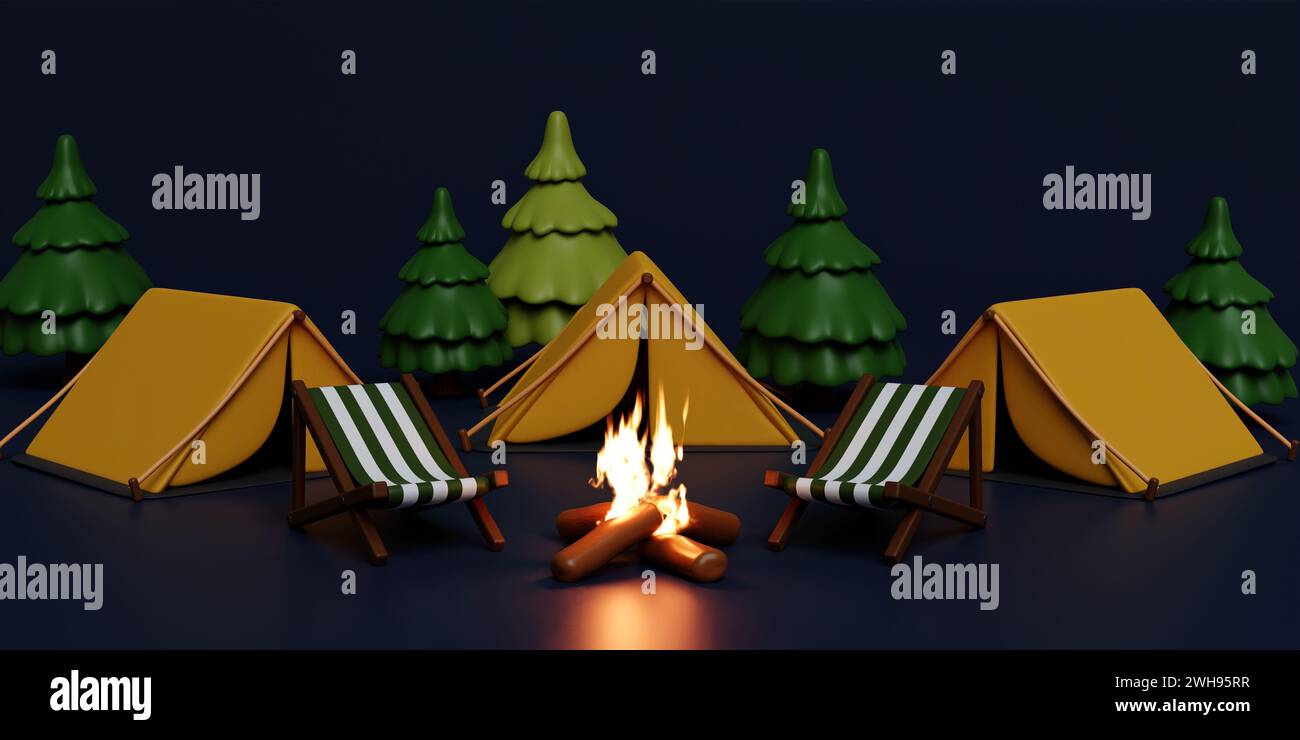 3d Night and dark Campsite in nature and elements for camping, summer ...