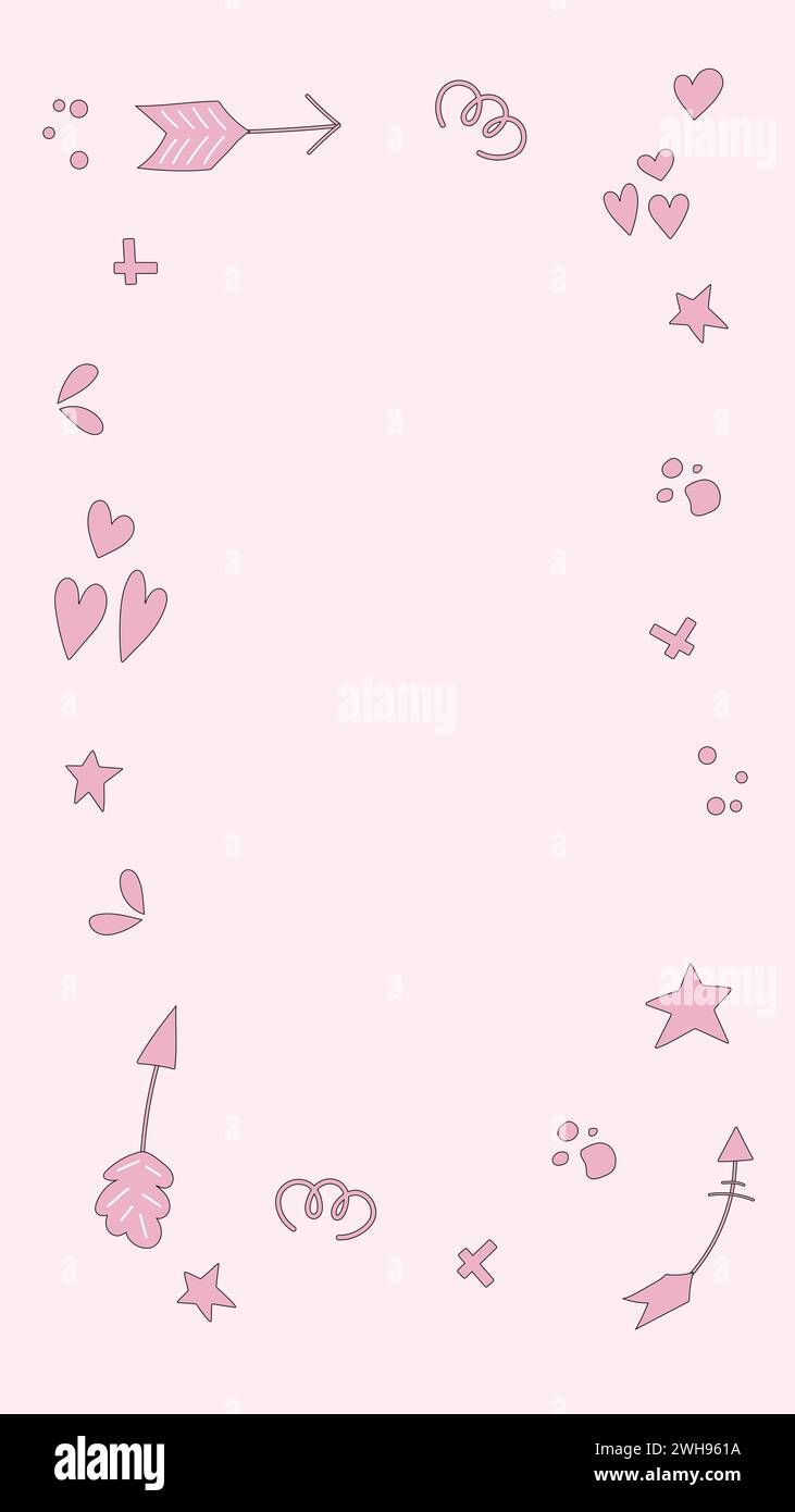 Hand drawn pink cute background with doodle elements. Vector vertical ...