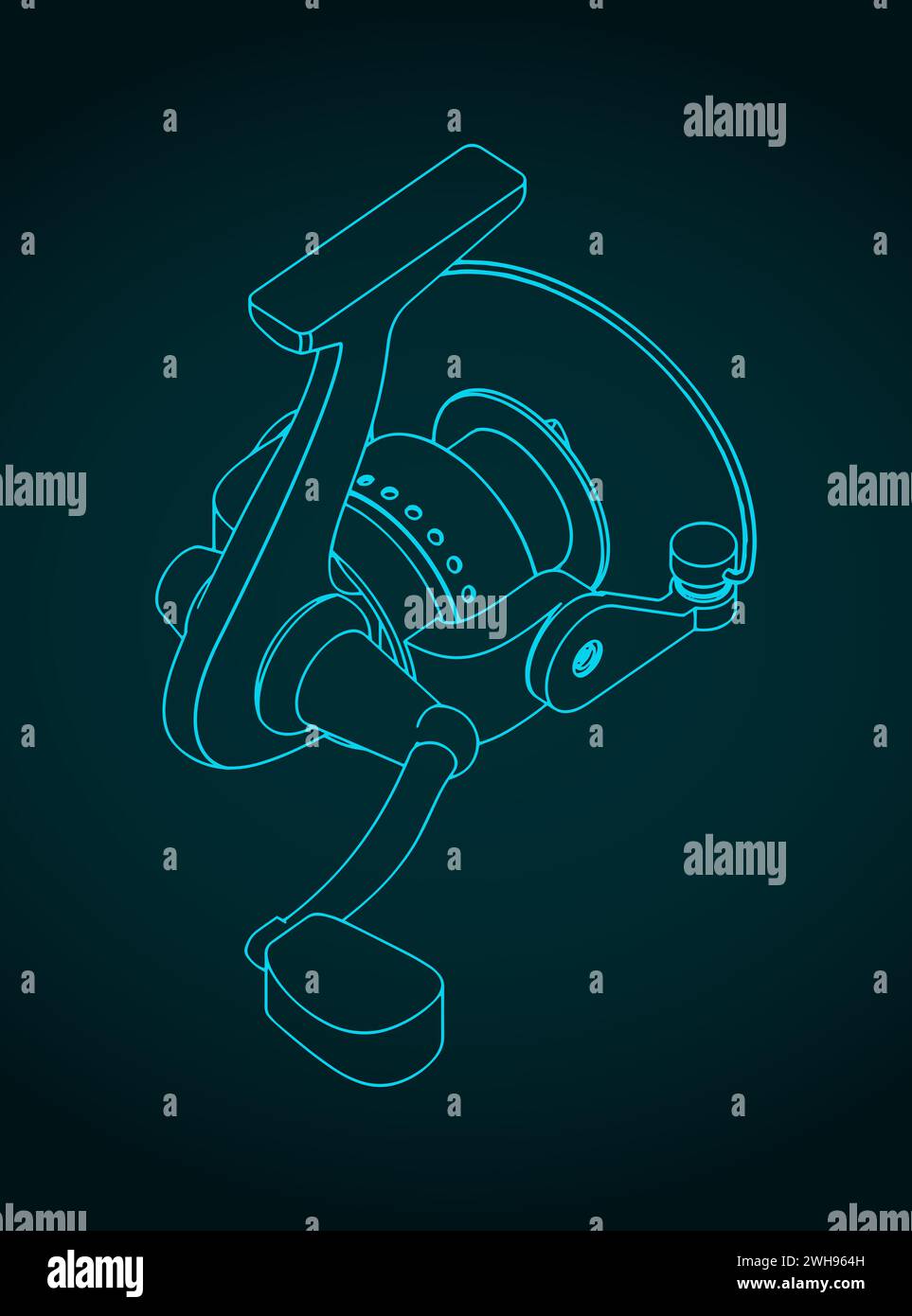 Stylized vector illustration of isometric blueprint of fishing reel ...