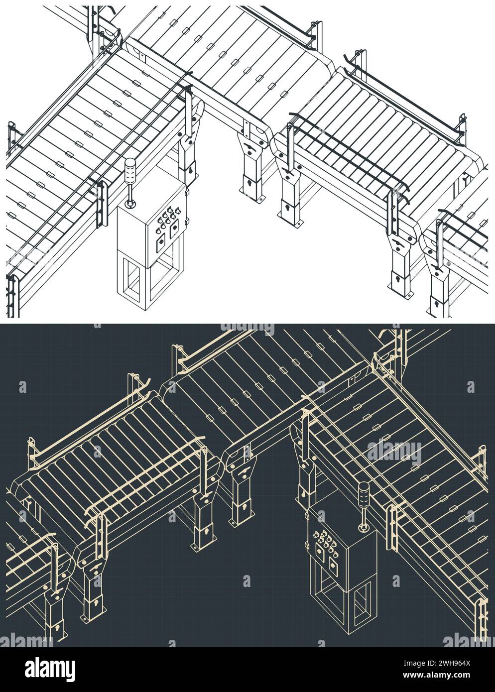 Stylized vector illustrations of isometric blueprints of automated ...