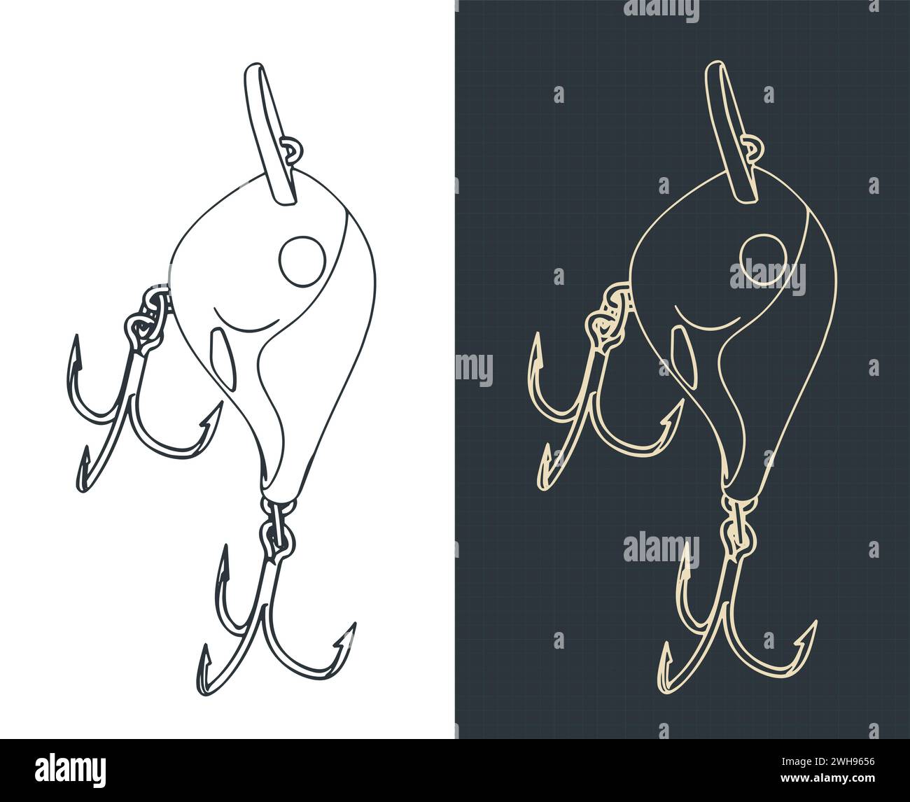 Stylized vector illustration of blueprints of a fishing lure on two ...