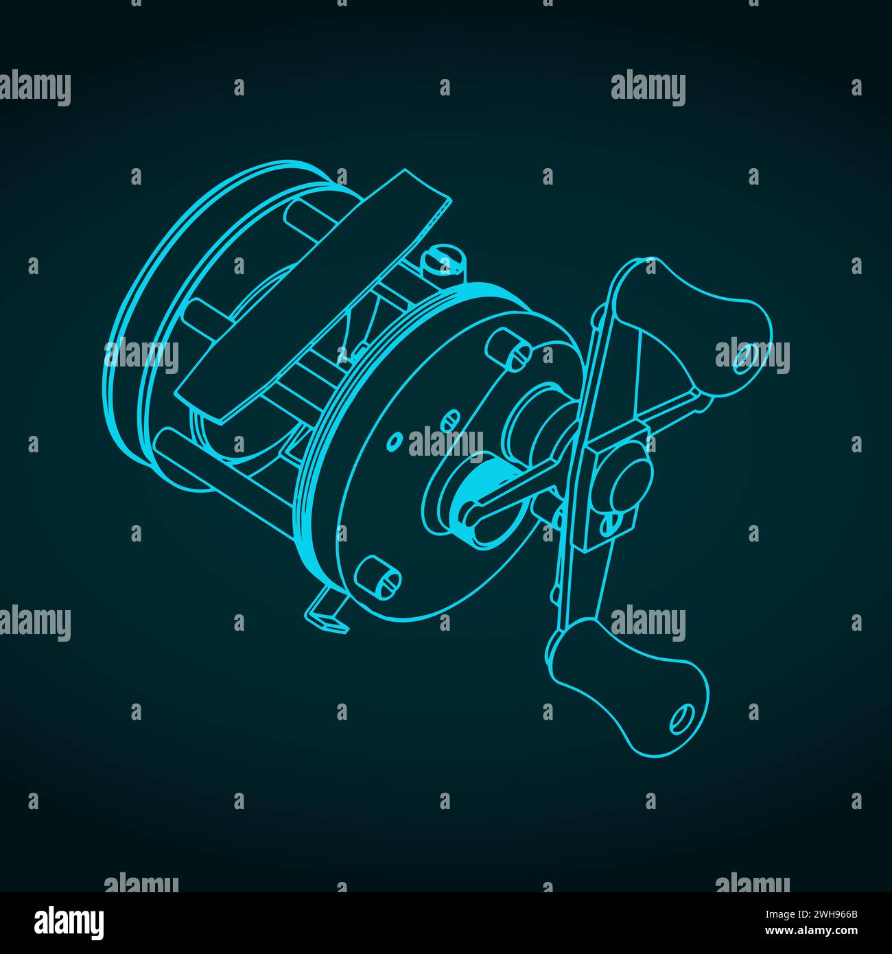 Stylized vector illustration of isometric blueprint of fishing reel ...