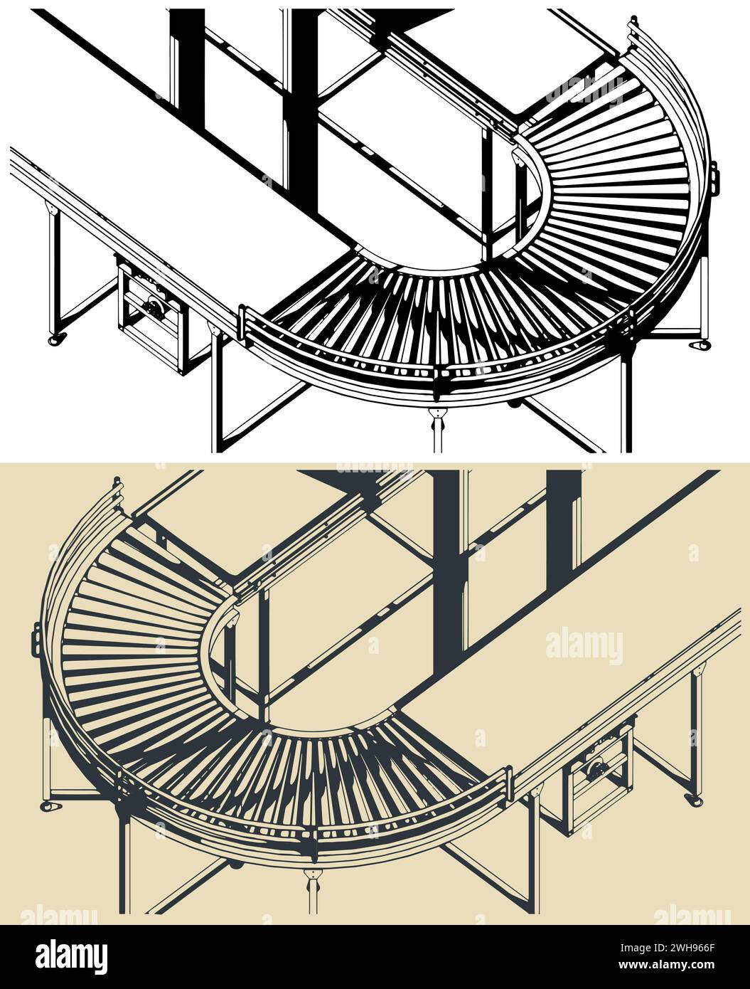 Stylized vector illustration of automated factory conveyor line close ...