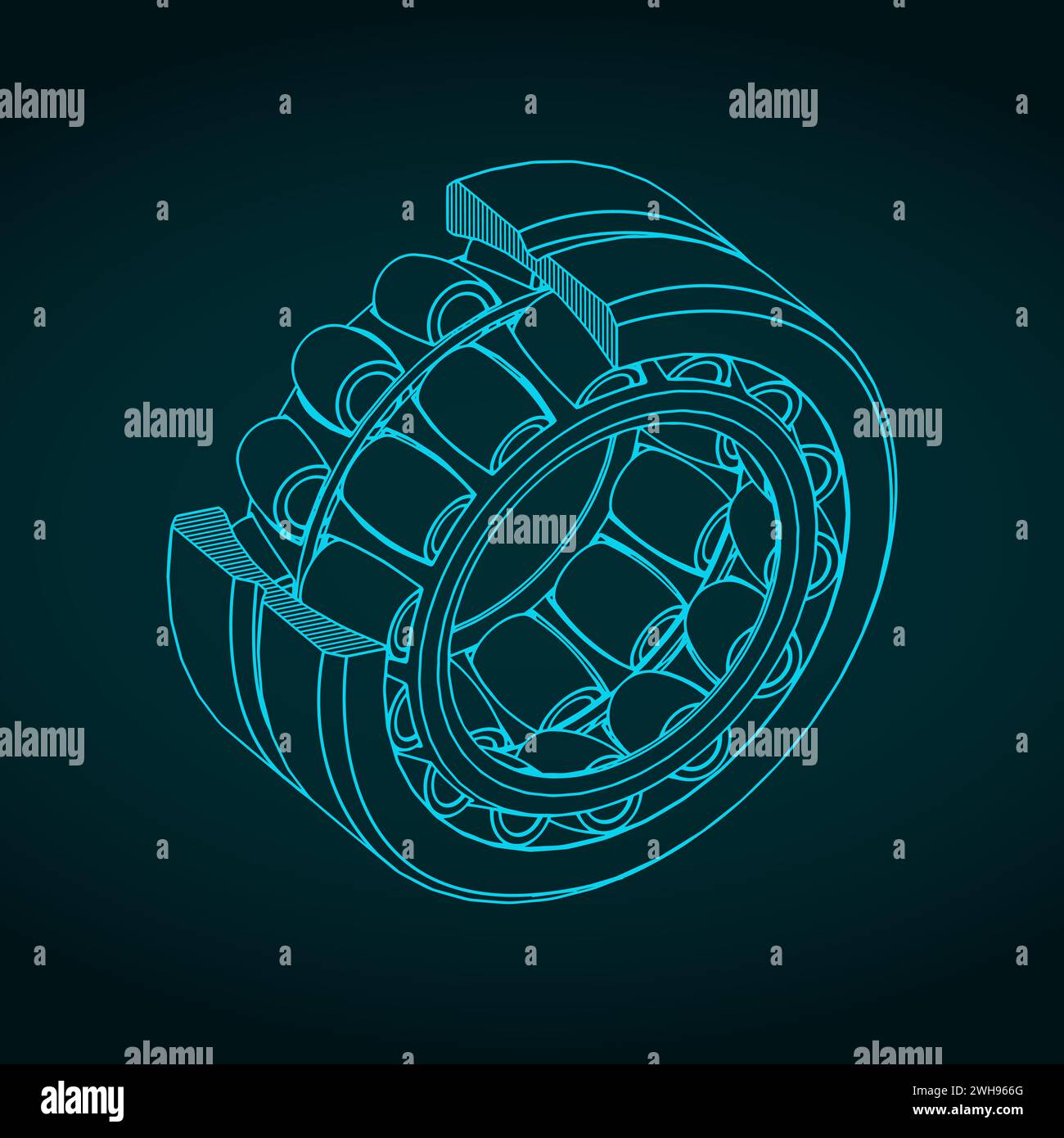 Stylized vector illustration of an isometric cutaway blueprint of a ...