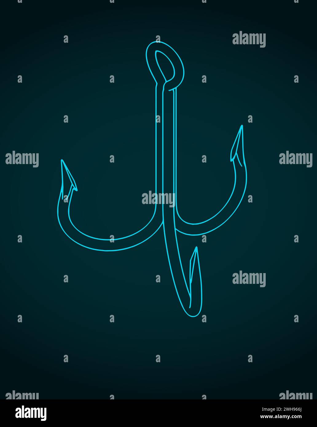 Stylized vector illustrations of blueprint of a treble fishing hook ...