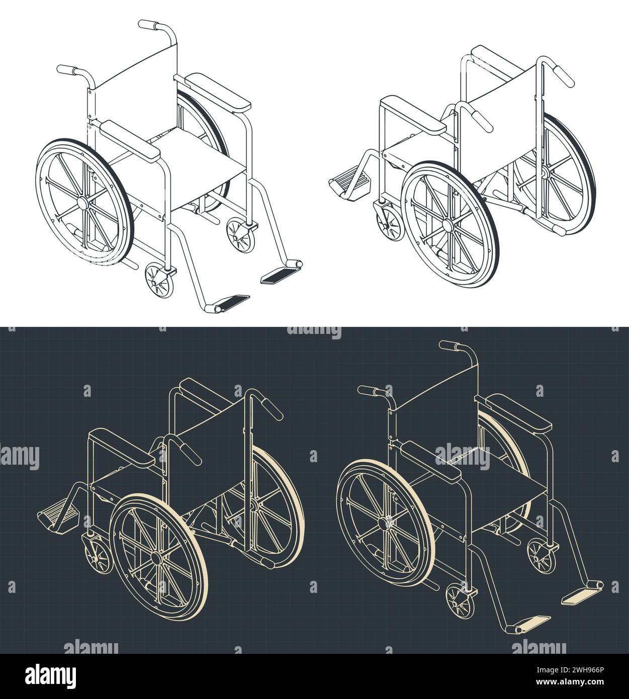 Stylized vector illustrations of isometric blueprints of wheelchair ... Stylized vector illustrations of isometric blueprints of wheelchair ...
