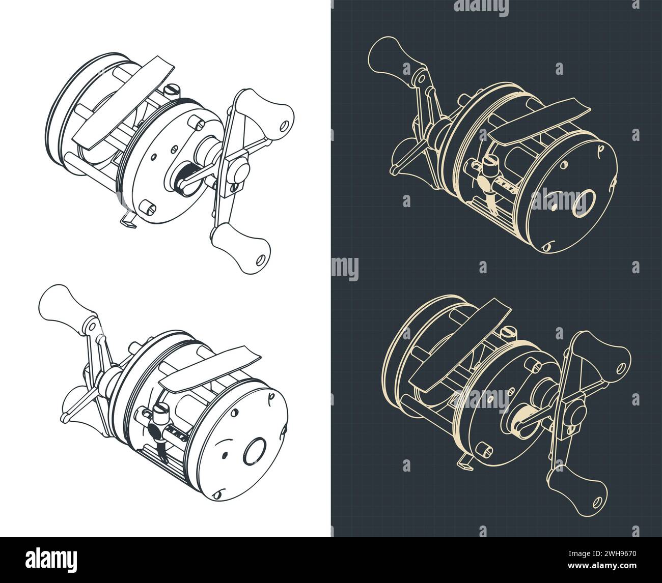 Stylized vector illustrations of isometric blueprints of fishing reel ...
