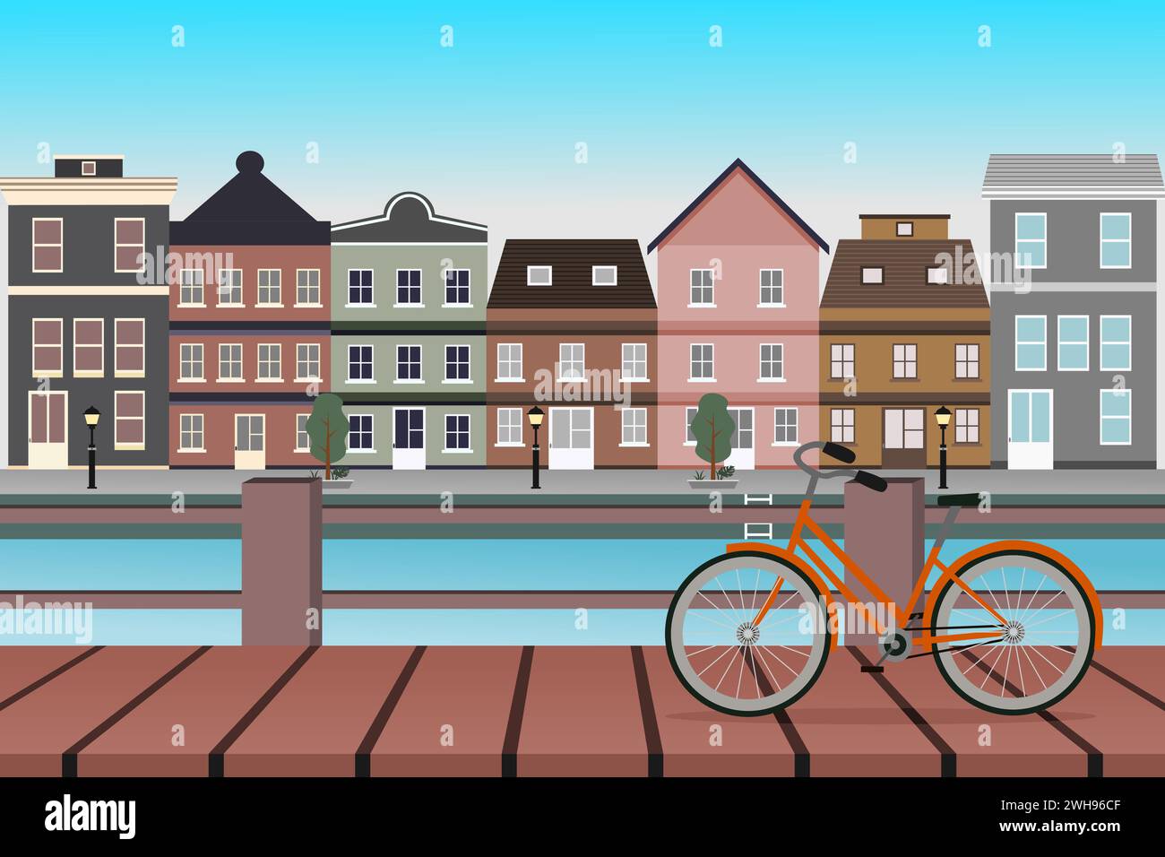 Amsterdam cityscape with ancient houses, water canals, bridge, and bicycles. Vector illustration ...