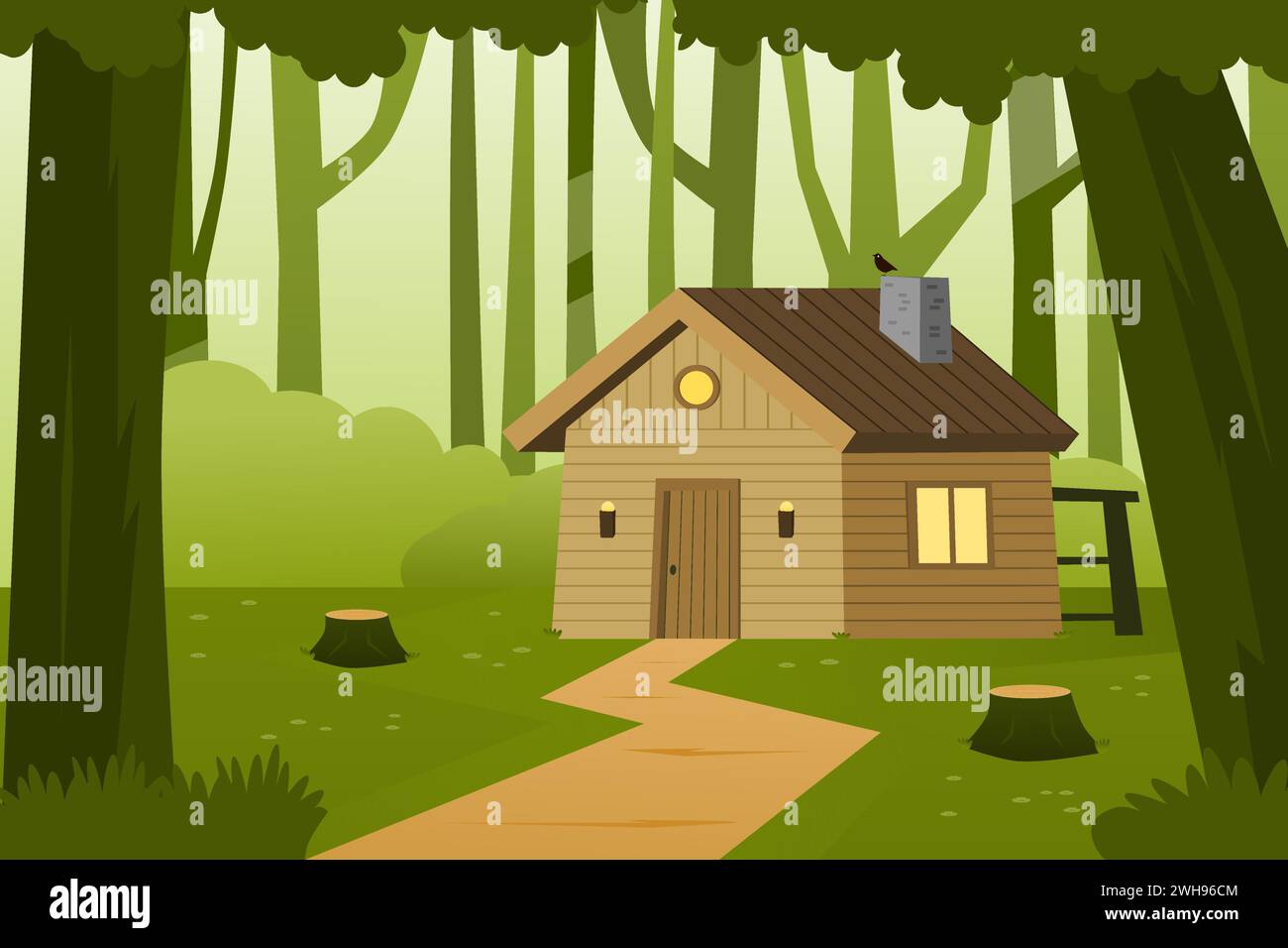 Wooden house in the forest. Forest landscape with cabin vector ...