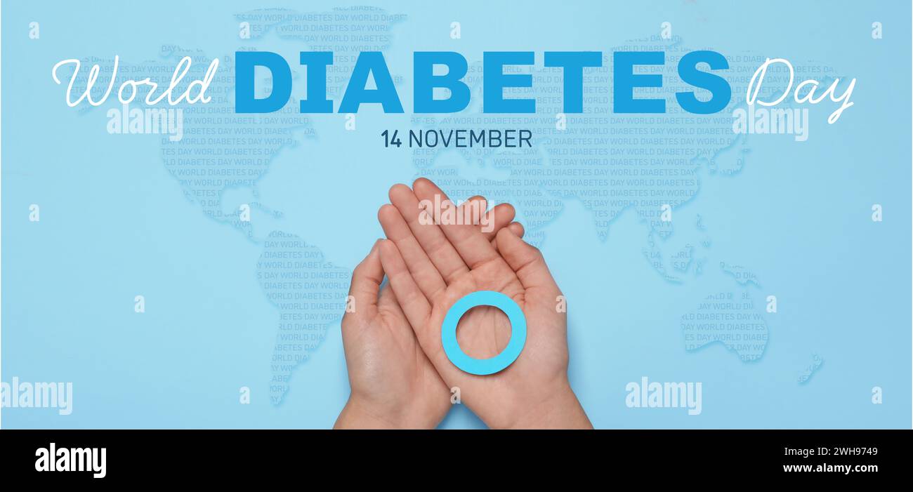 World Diabetes Day, banner design. Woman holding blue paper circle, top ...