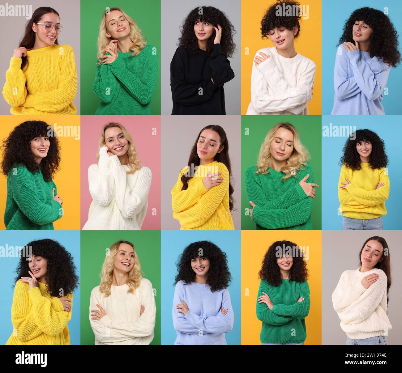 Women in warm sweaters on color backgrounds, set of photos Stock Photo ...