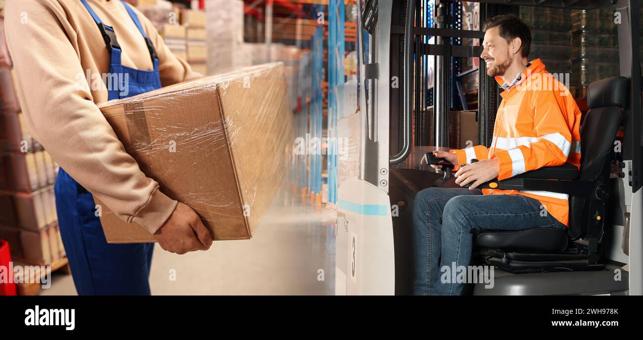 Distribution. Worker with cardboard box and forklift driver in ...
