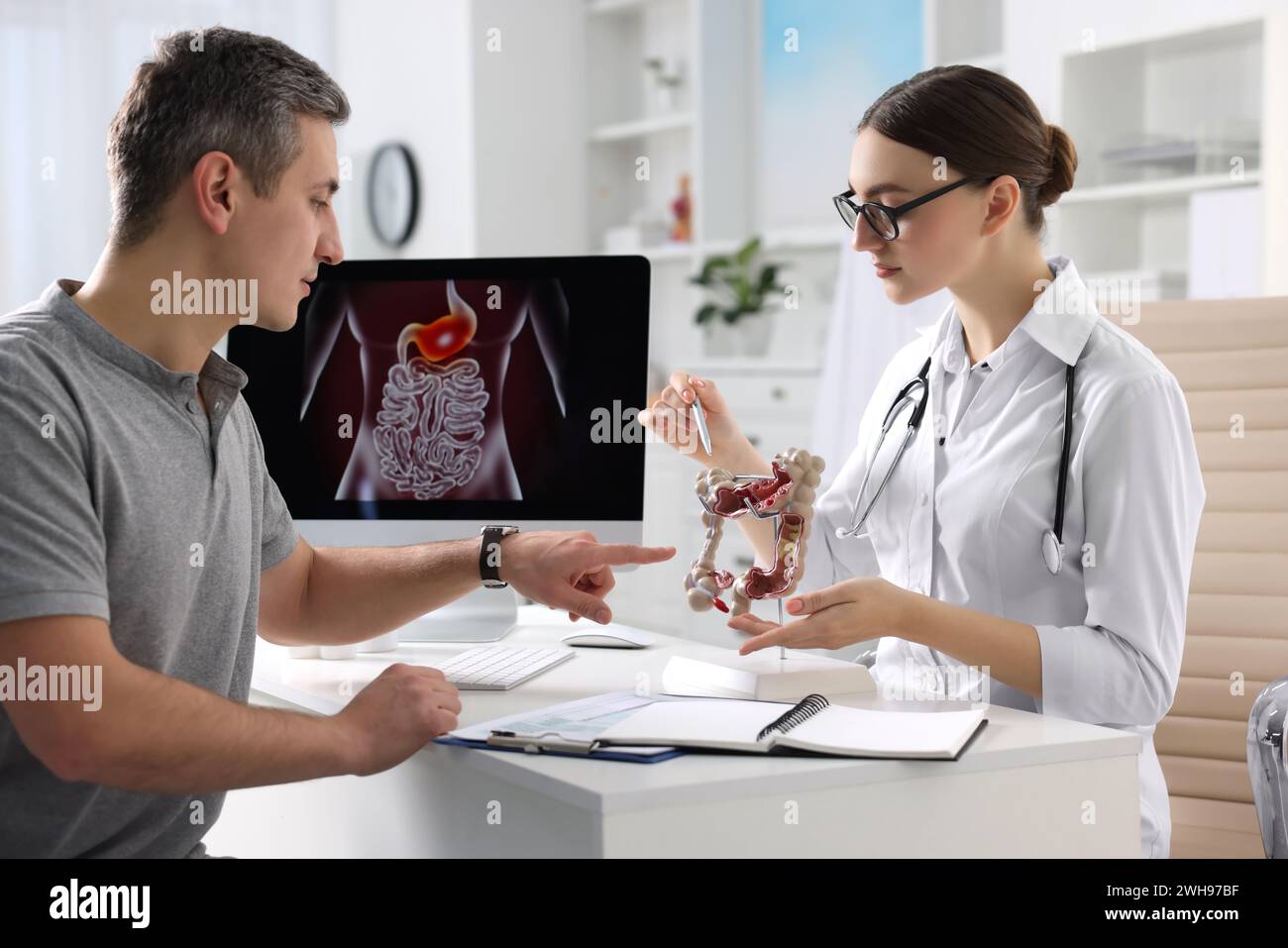 Gastroenterologist with anatomical model of large intestine consulting ...